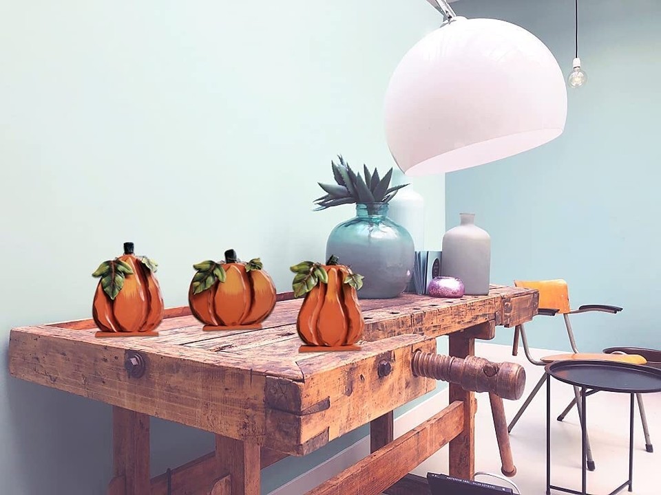 Wood Pumpkin Tabletop Fall Decor Set of 3, Rustic Standing Flat Pumpkin ...