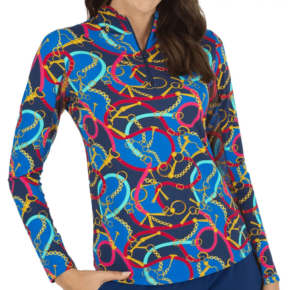 NWT Ladies IBKUL ZENA RED MULTI Long Sleeve Mock Golf Shirt S M L XL ...