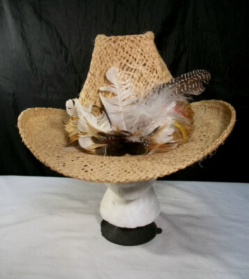 AMERICAN HAT CO. VINTAGE TUMBLE WEAVE STRAW & FEATHER COWBOY WESTERN ...