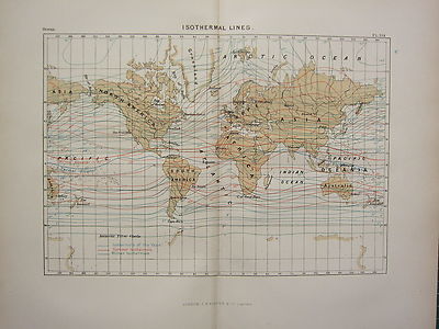 c1890 ANTIQUE MAP ~ THE WORLD ISOTHERMAL LINES SUMMER & WINTER ANNUAL ...