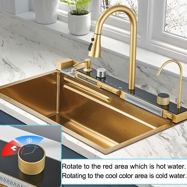 Gold Kitchen Sink Deluxe Flying Rain Waterfall Single Bowl Pull Out ...