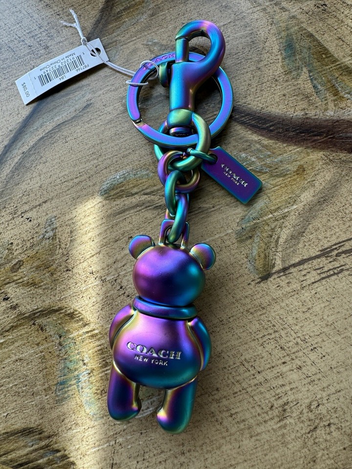 Coach Iridescent Oil Slick Hologram Bear Key Fob Keychain Bag Charm ...
