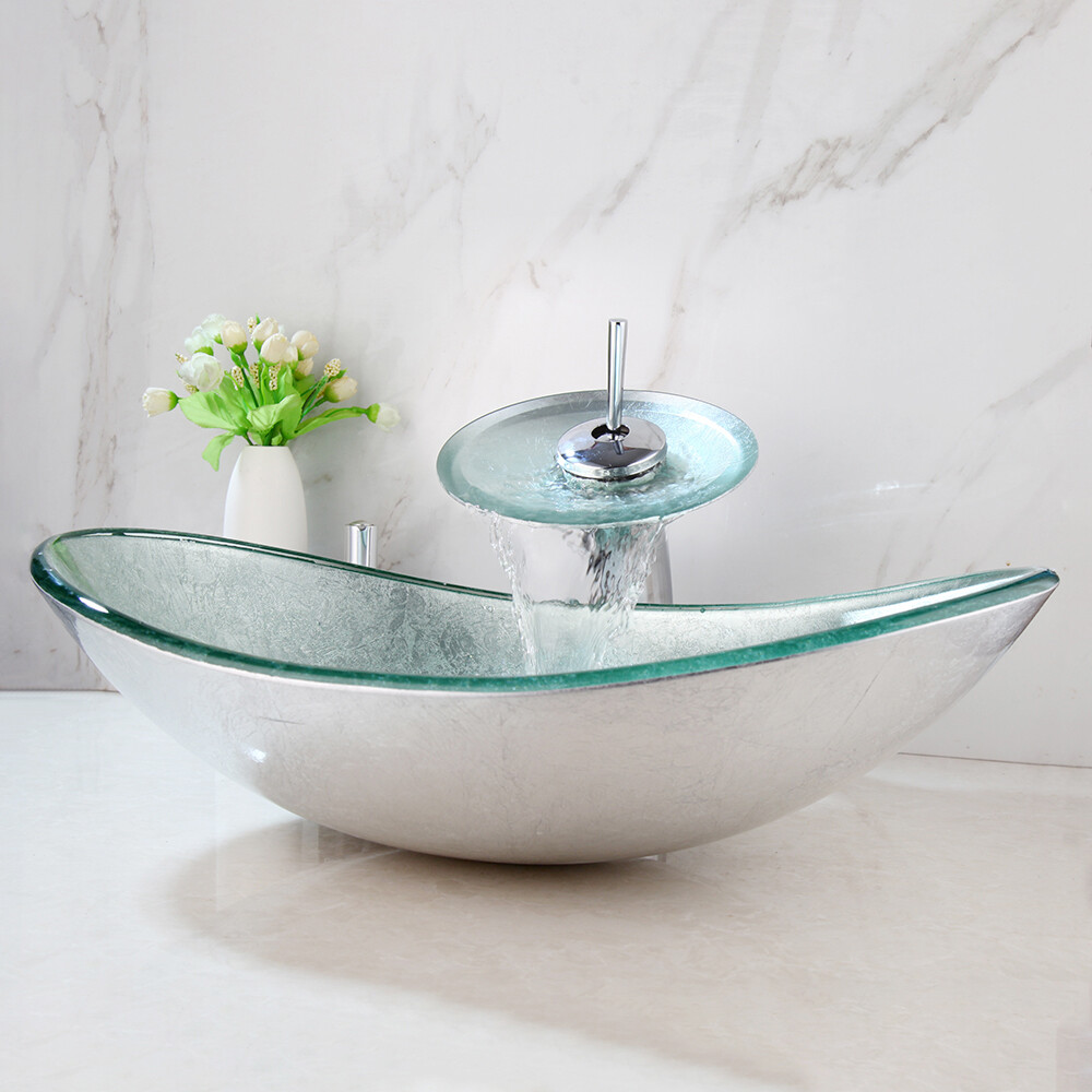 Silver Bathroom Oval Glass Vessel Sinks Above Counter Basin Bowl Combo ...
