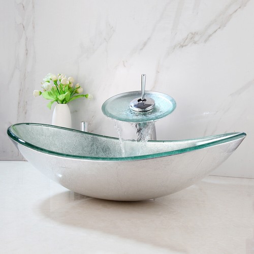 Silver Bathroom Oval Glass Vessel Sinks Above Counter Basin Bowl Combo ...