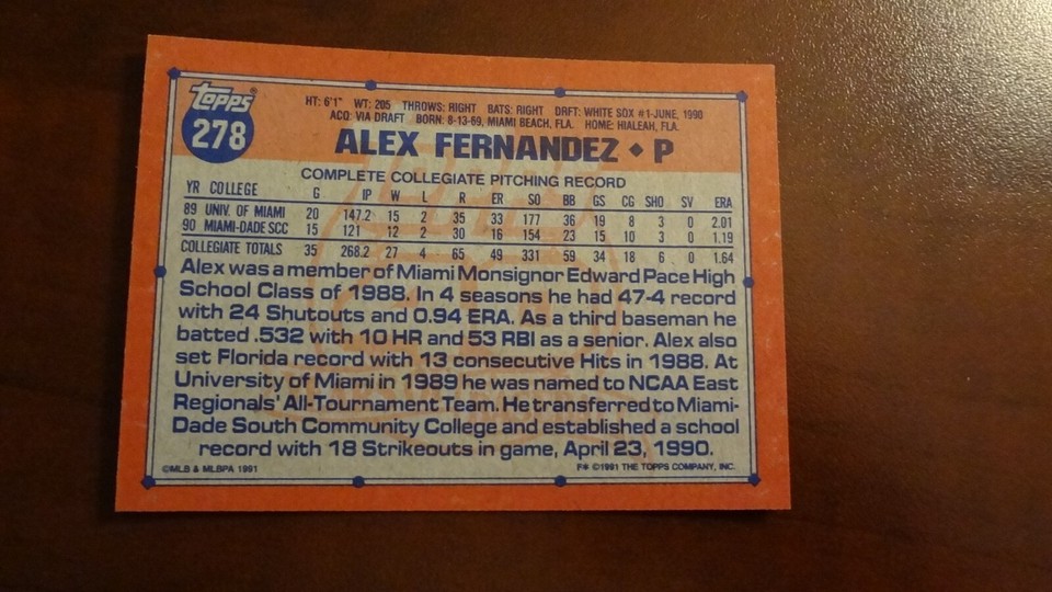 1991 TOPPS # 278 ALEX FERNANDEZ BASEBALL CARD | eBay
