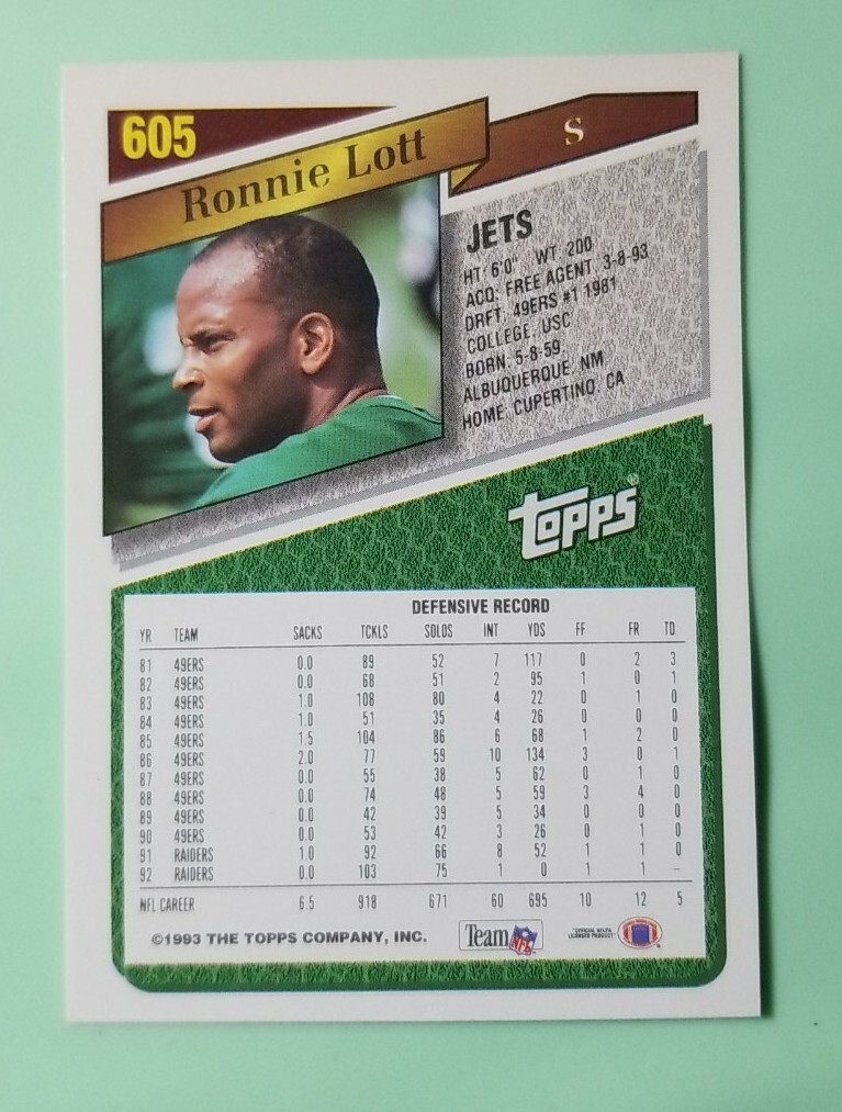 1993 Topps Football Card #605 Ronnie Lott - New York Jets | eBay