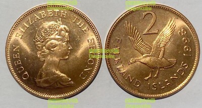 FALKLAND 2 PENCE 1998 Young Queen Swan 26mm copper steel coin UNC 1pcs ...