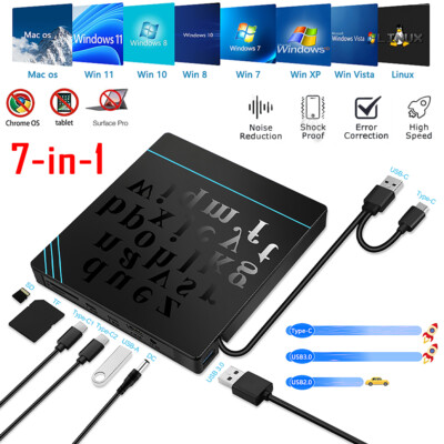 Slim External CD DVD Drive USB 3.0 Type C Burner Writer Player PC ...