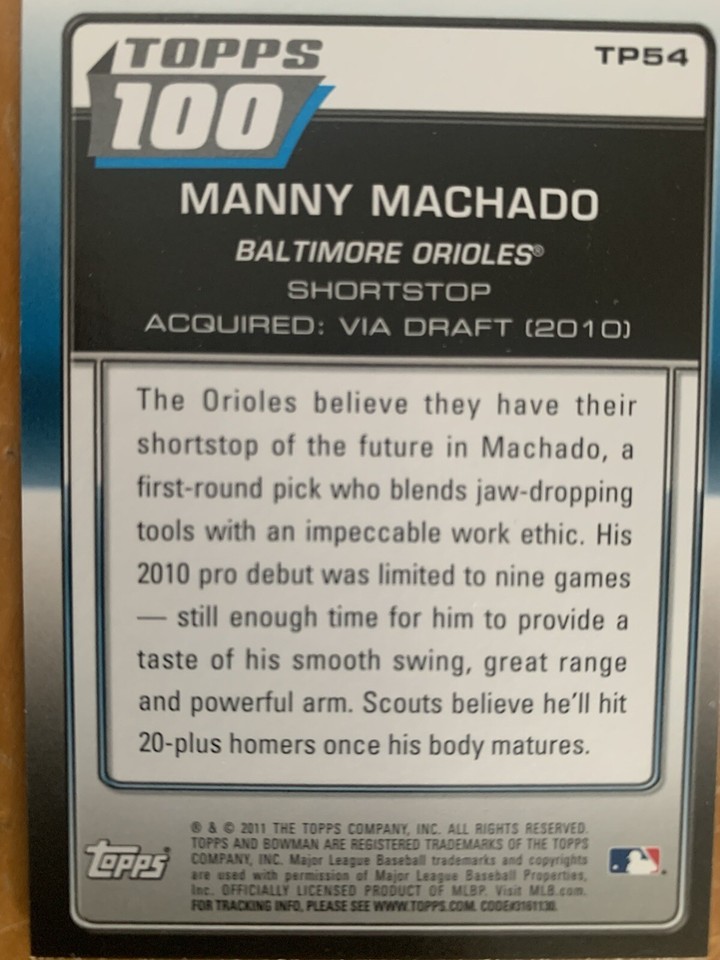 MANNY MACHADO 2011 Bowman Topps 100 Top Prospect #TP54 RC FREE SHIPPING ...