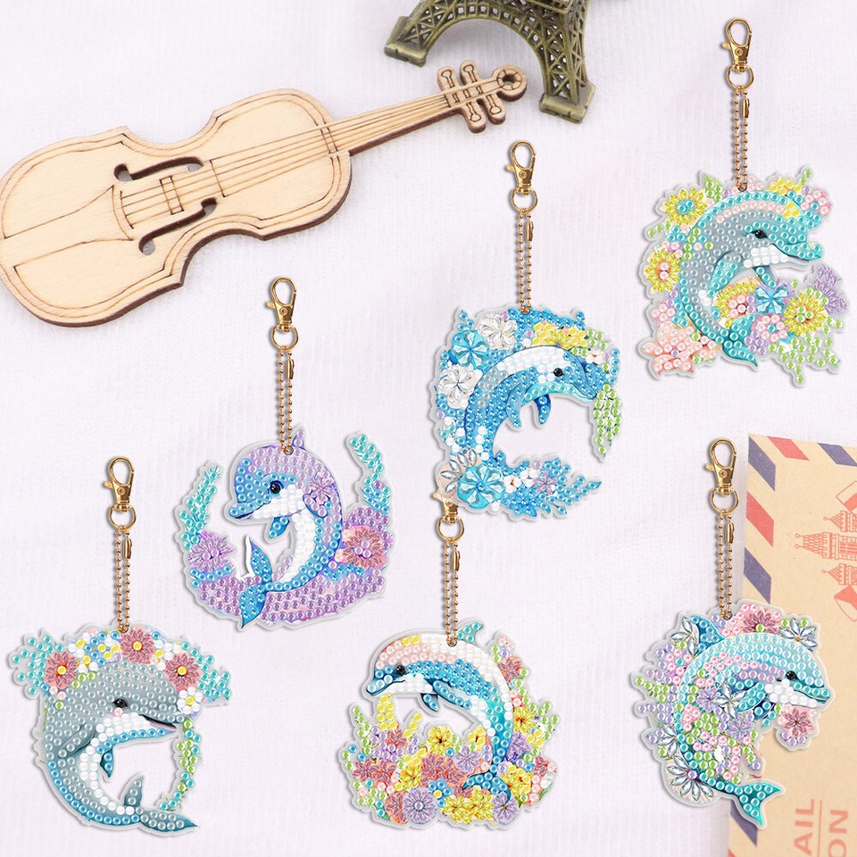 6PCS Diamond Art Keyring Dolphin Double Sided Diamond Painting Keychain ...