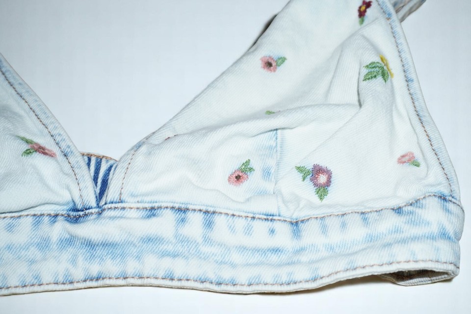 Y2K Insp Floral Embroidered Denim Bralette Top | Triangle Cut | 78% ...