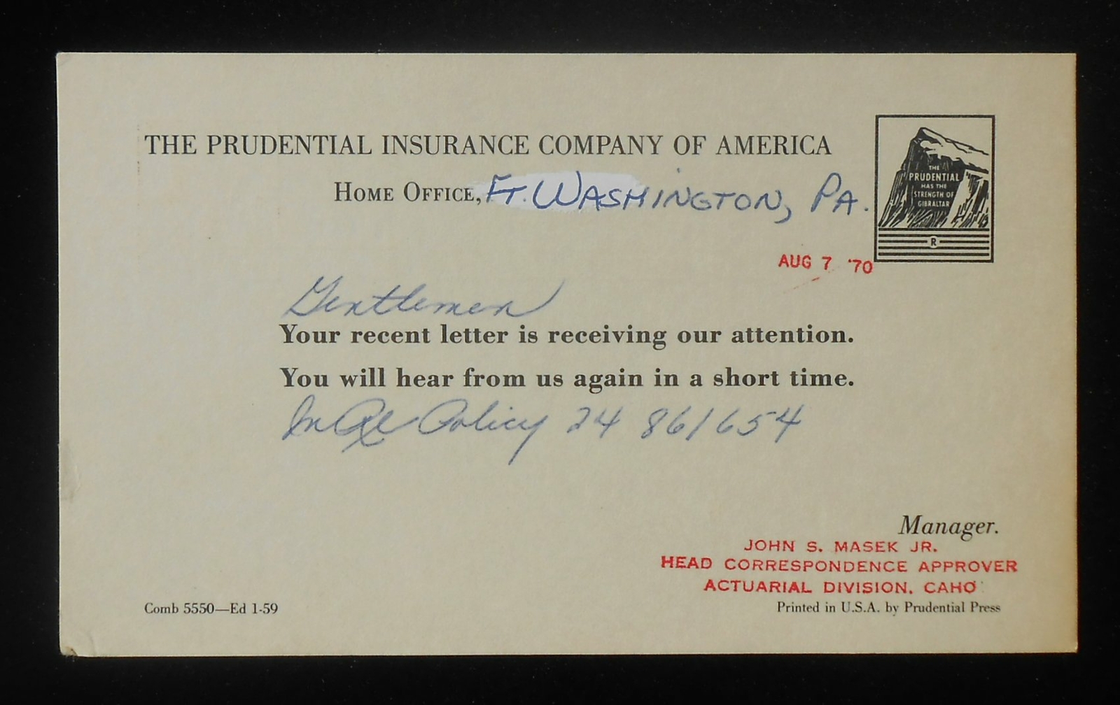 1968 Prudential Insurance Company John S. Masek Jr. Newark NJ Fort ...