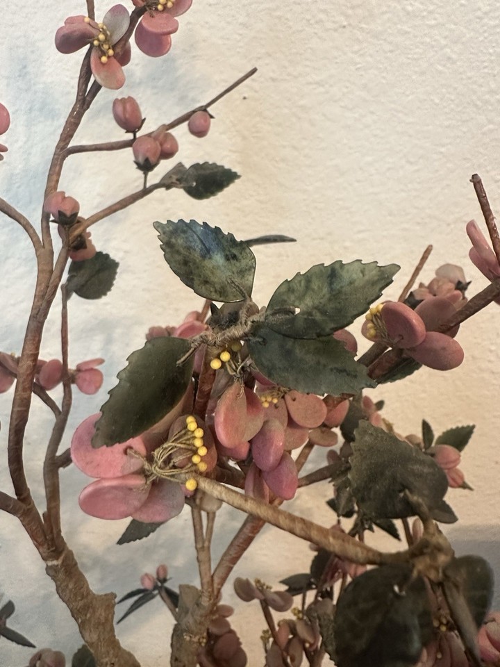 PAIR Antique Chinese Jade Cherry Blossom Bonsai Tree w Cloisonne Enamel ...