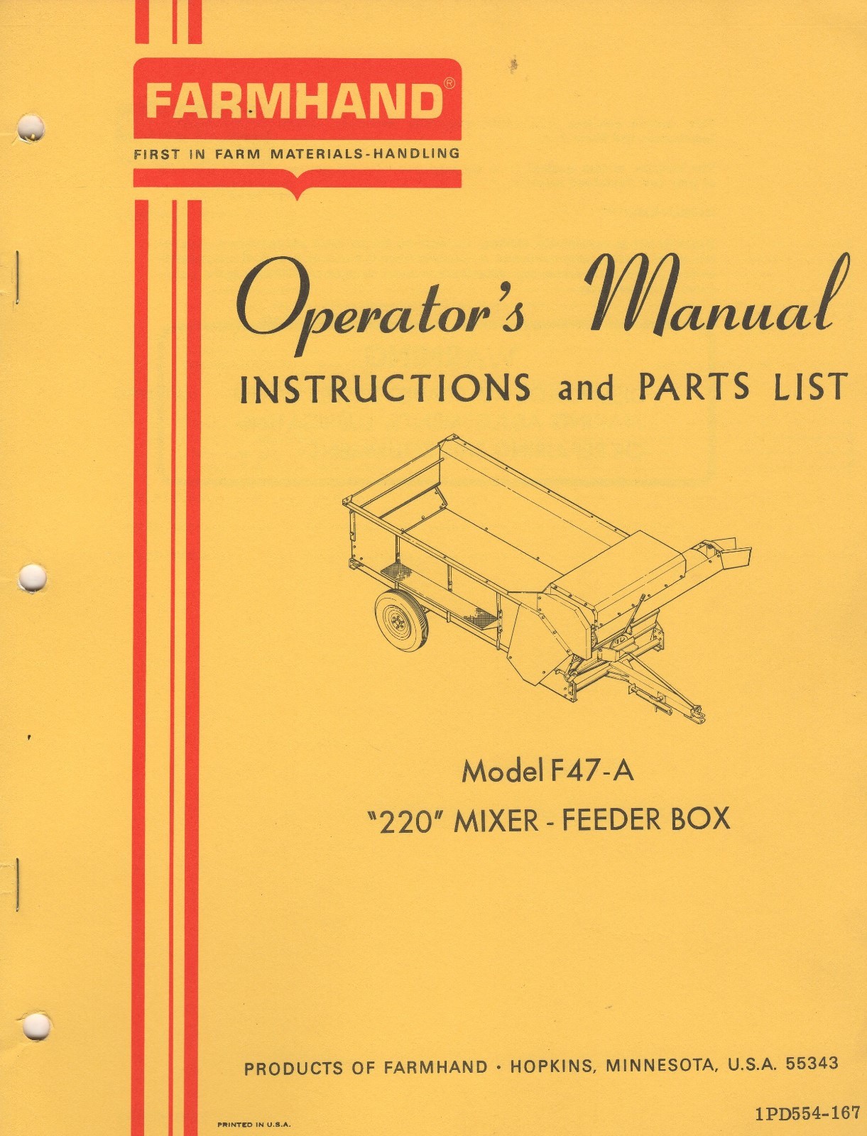 FARMHAND 220 MIXER- FEEDER BOX F47-A OPERATOR AND PARTS MANUAL 1PD554 ...