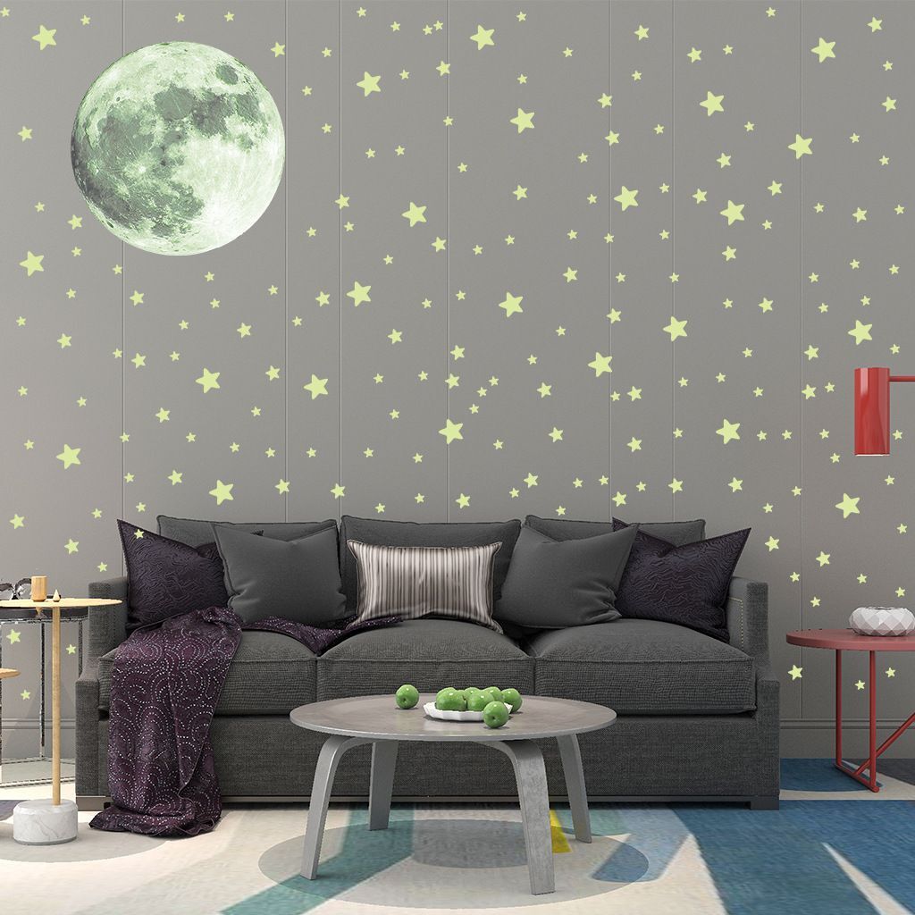 Glow In Dark Luminous Decals Fluorescent Full Luna Moon Stars Wall ...