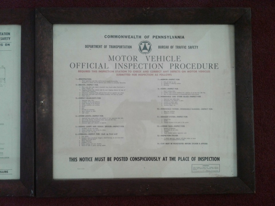 1970s Pennsylvania. Dept. Of Trans. Motor Vehicle Inspection Wall ...