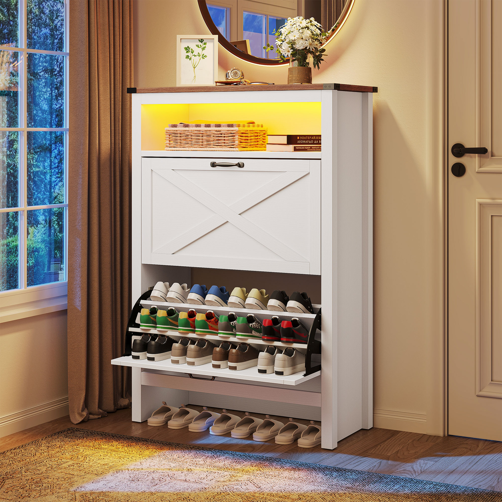 LED Shoe Cabinet with 2 Flip Drawers Entryway Modern Shoe Storage Rack ...