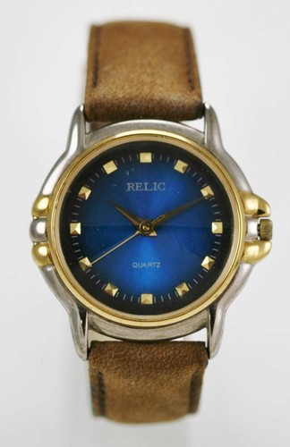 Relic Watch Mens Blue Stainless Silver Gold Leather Brown Water ...