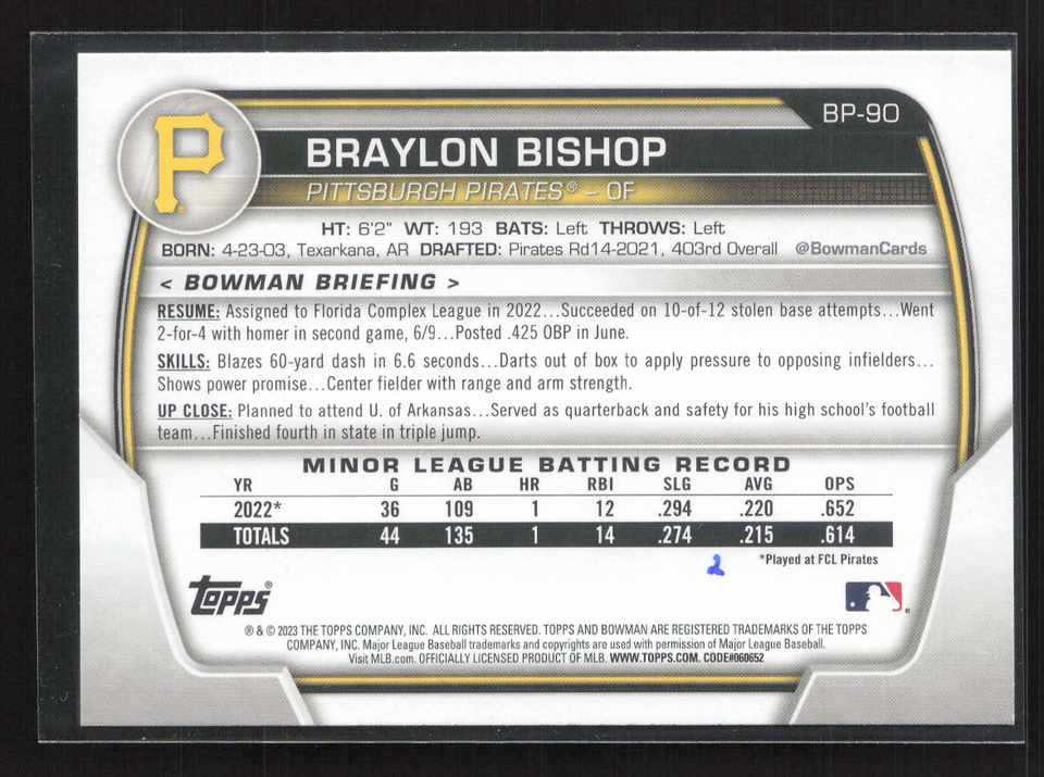 Braylon Bishop Signed 2023 1st Bowman Paper Card BP-90 Pittsburgh ...