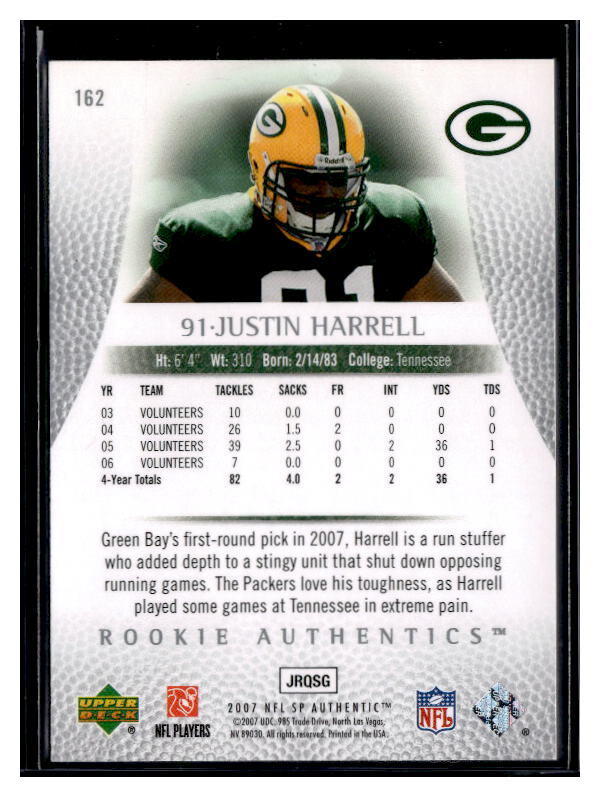 Justin Harrell 2007 SP Authentic 162 /999 Rookie | eBay