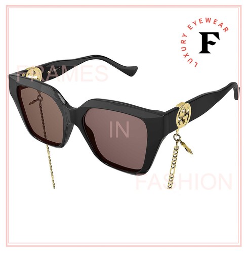 GUCCI ARIA 1023 Brown Black Gold Chain 005 Sunglasses GG1023S Unisex ...