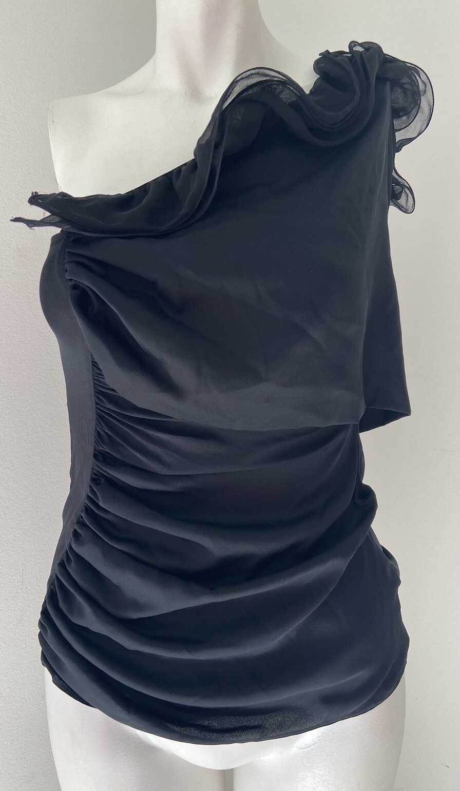 Catherine Malandrino Black Ruffle Shirt One Shoulder Silk Blend Womens ...