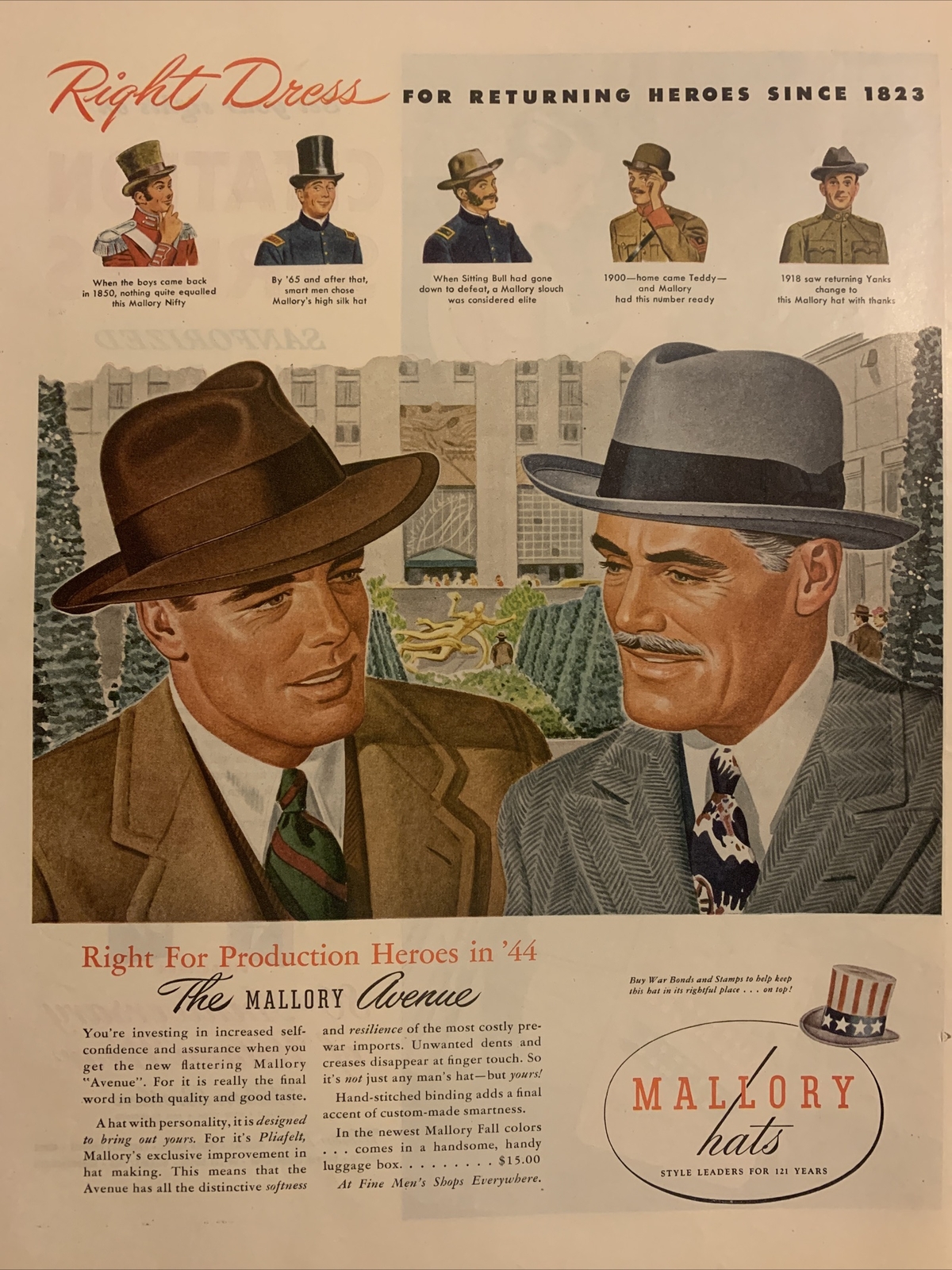 1944 Vintage Mallory hats print ad. Right Dress For Returning Hero's ...