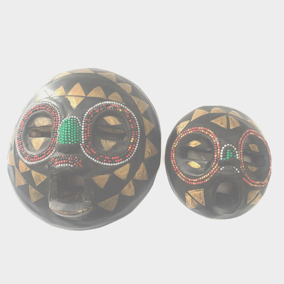 2 African Tribal Masks Wood Handcrafted in Ghana Black Gold Beaded ...