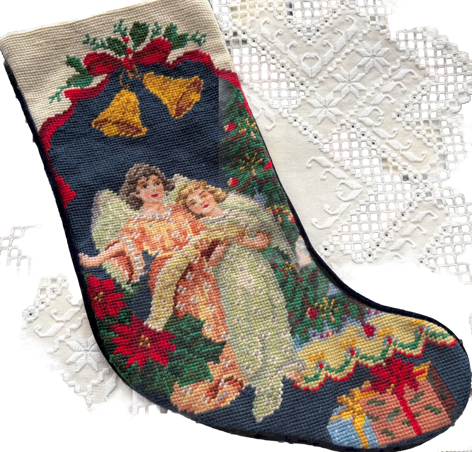 Vtg Wool Needlepoint & Velvet Back Christmas Stocking Angels Tree Gold Bells EVC | eBay