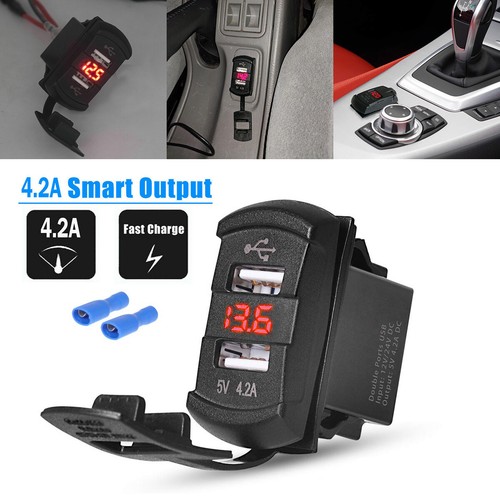 12V Car Truck Boat UTV Red LED Dual USB Charger Digital Voltmeter ...