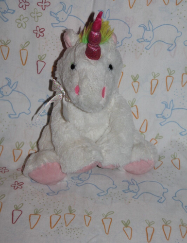 DOUDOU peluche MAX ET SAX LICORNE BLANCHE ARC EN CIEL ROSE JAUNE FLUO ...