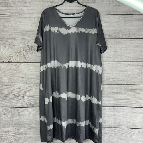 Woman Shift Dress Knee Length Short Sleeve Striped Cotton Blend Gray ...