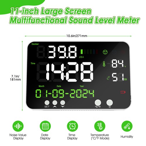 Digital Sound Level Decibel Meter Noise Detector Calendar Time Temp LED ...