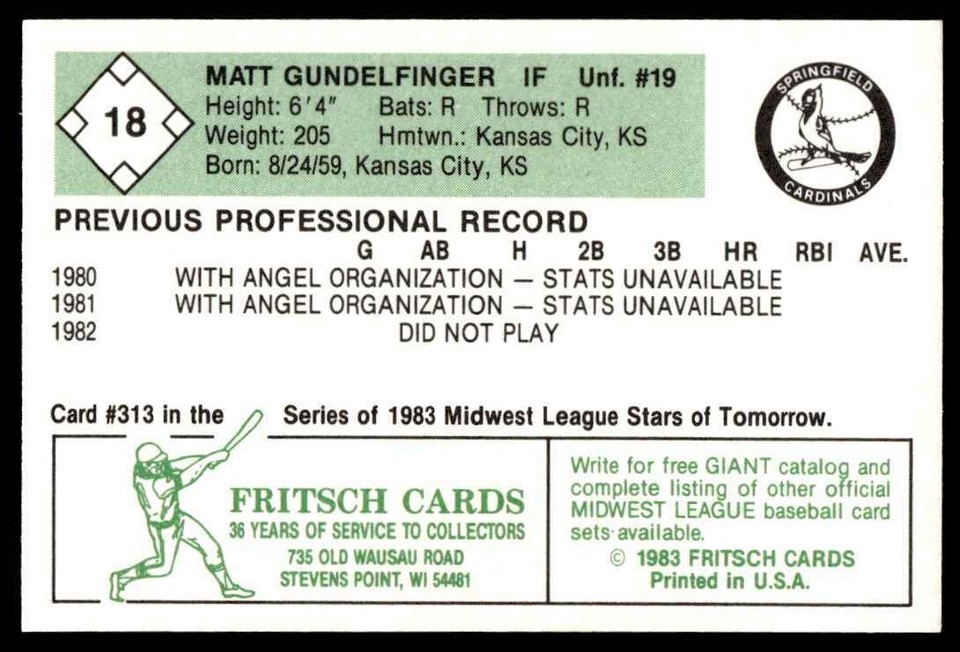 1983 Fritsch Springfield Cardinals Matt Gundelfinger Springfield ...