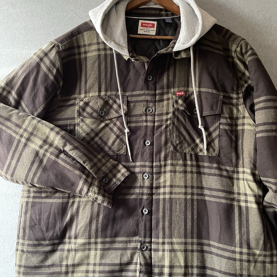 Wrangler Quilt Lined Hooded Plaid Flannel Shacket Jacket Button Front ...