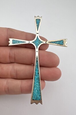 VVtg NAVAJO Sterling Silver Chip Crushed Inlay Turquoise Cross Pendant ...