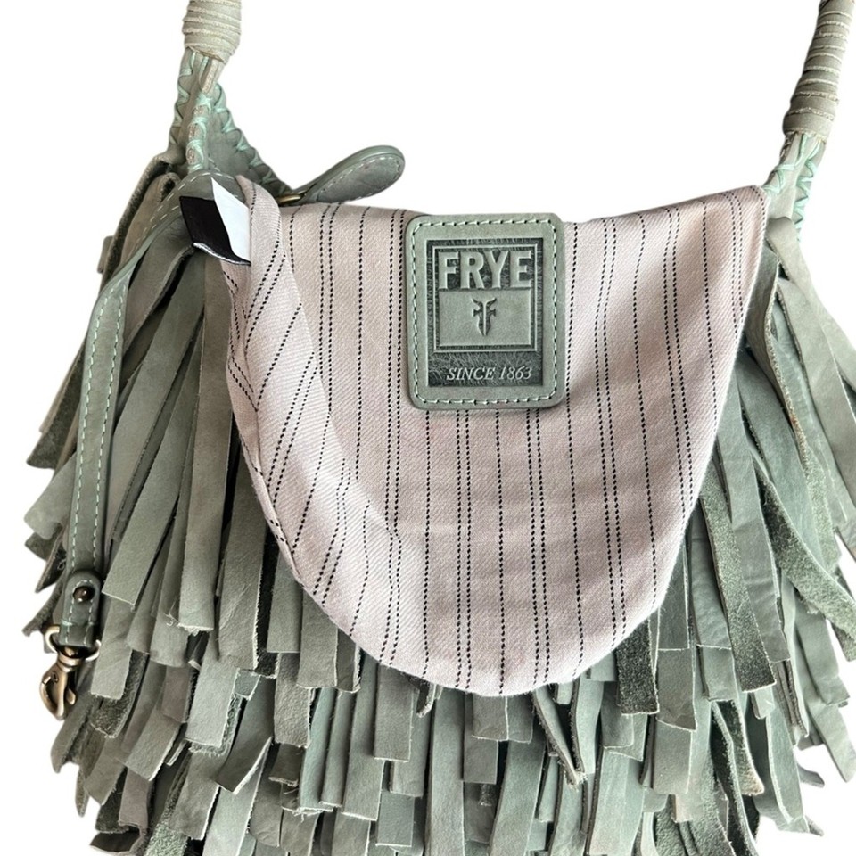 Frye Women’s Lola Fringe Sage Green Nubuk Leather Crossbody Shoulder ...