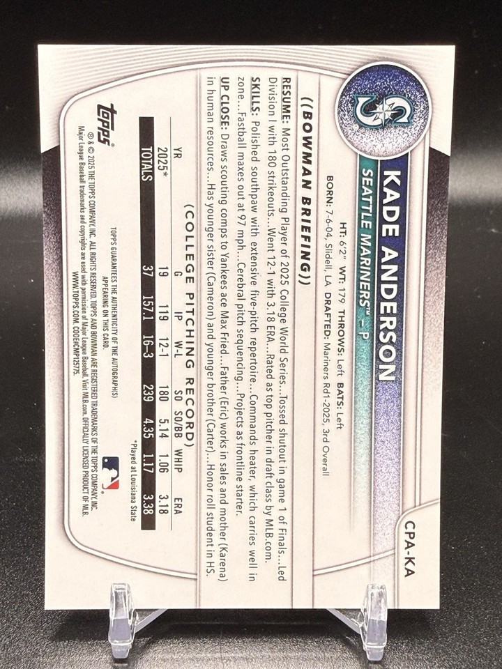 Kade Anderson 1st Chrome Auto 2025 Bowman Draft Mariners CPA Pack Fresh ...