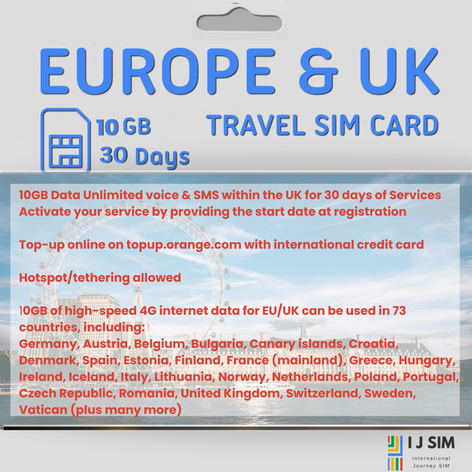 Europe/UK Travel/Holiday SIM Card 30 Days 10GB High Speed Internet Data ...
