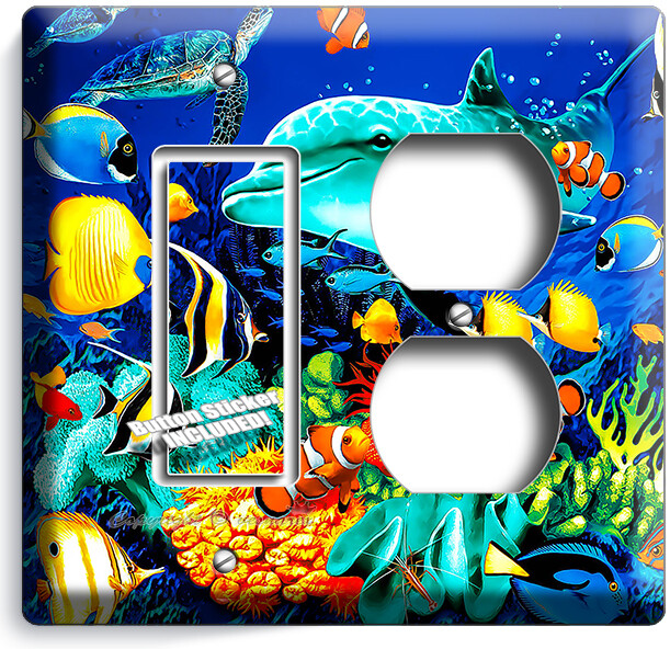 COLORFUL OCEAN LIFE TROPICAL SEA FISH DOLPHIN LIGHT SWITCH OUTLET ART ...