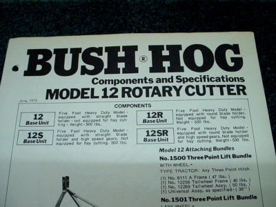 Bush Hog Model 12 Rotary Cutter Owner's Manual Plus Components ...