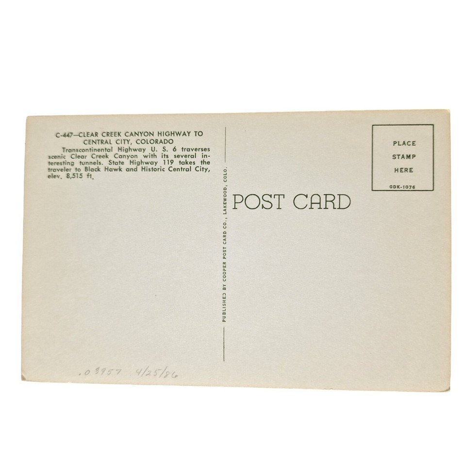 Postcard Clear Creek Canyon Highway To Central City Colorado Chrome ...