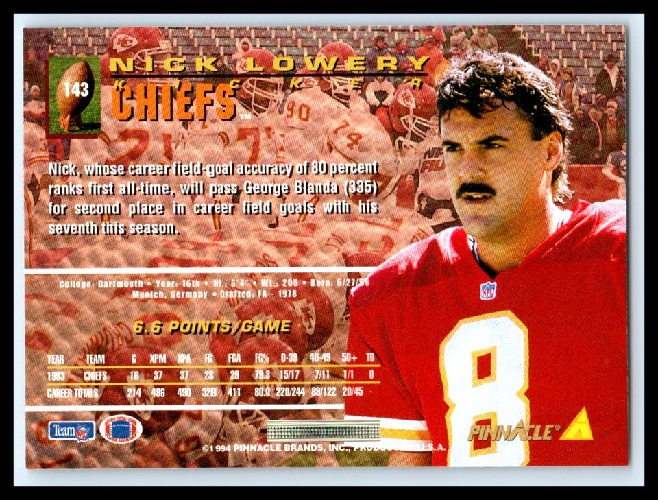 1994 Pinnacle #143 Nick Lowery MT-NRMT Football Card | eBay