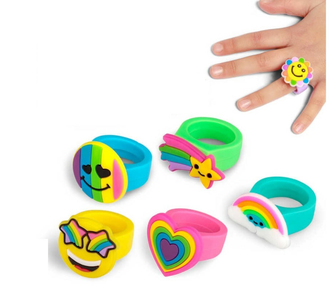 Rainbow Chunky Kids Rubber Rings PVC Jewellery Ring Birthday Party Gift ...