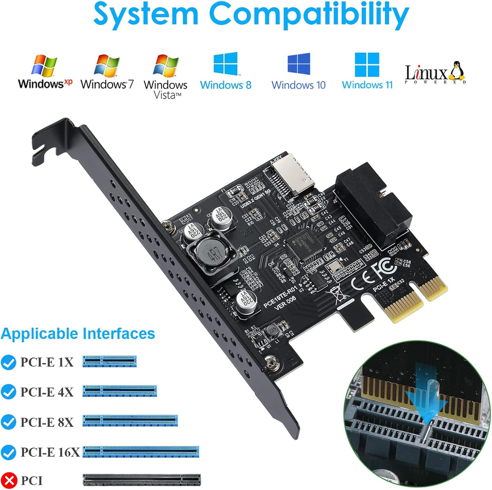 PCI-E 1X to USB 3.2 GEN1 5Gbps 20Pin Front Panel Header To Type-C Front ...