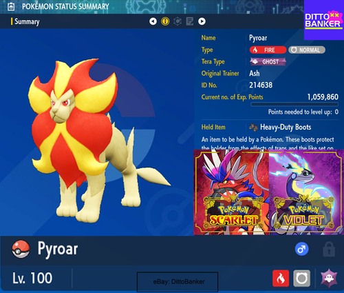 Pokemon Scarlet/Violet SHINY PYROAR Lv100 Timid 6IV w/ Heavy Duty Boots ...