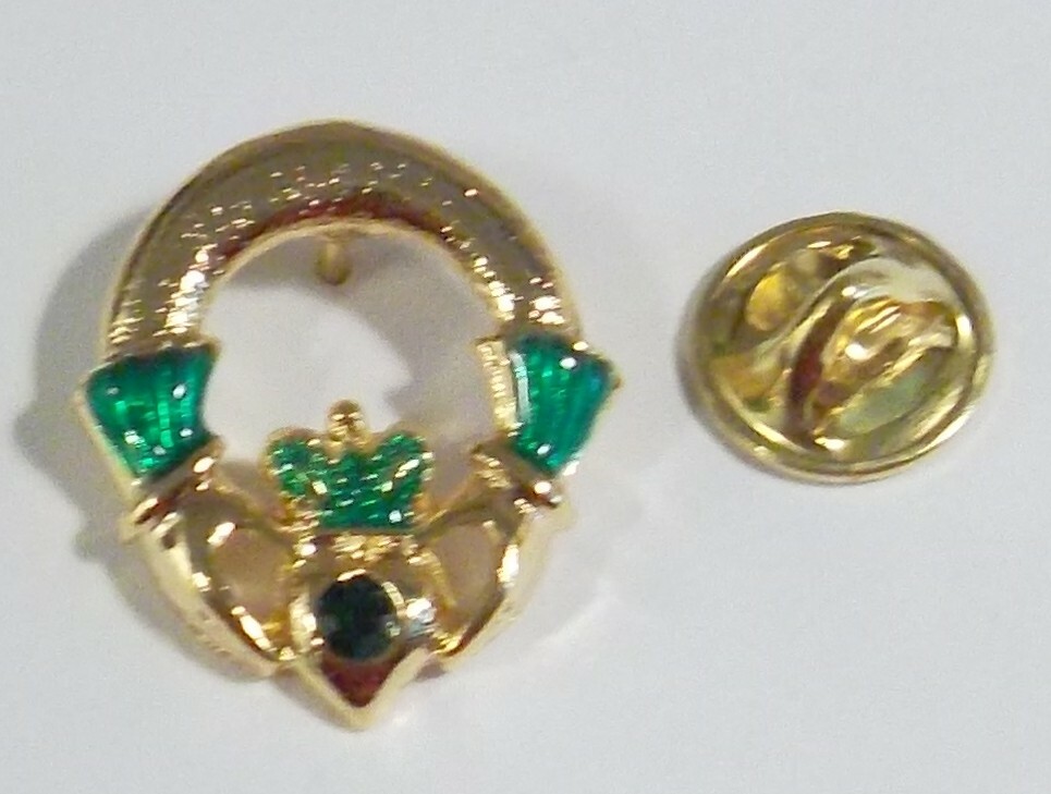 Irish Claddagh Pin With Green Crystal Stone in Gold Plate St Patricks ...