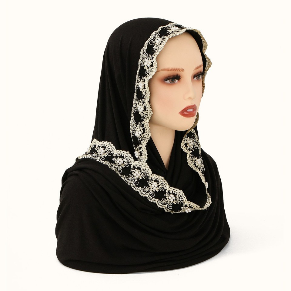 Muslim Shayla Lace Nail Beads Hijabs Long Scarf Women Head Wraps Shawl ...