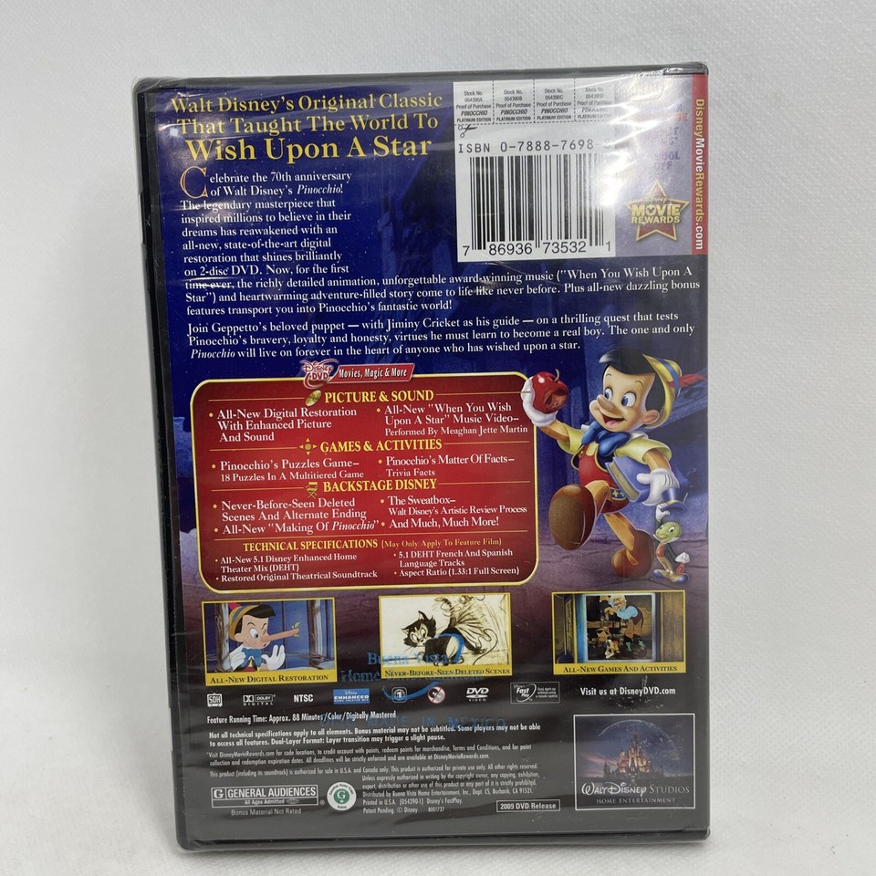 Pinocchio 2 Disc DVD Disney 70th Anniversary Platinum Edition NEW ...