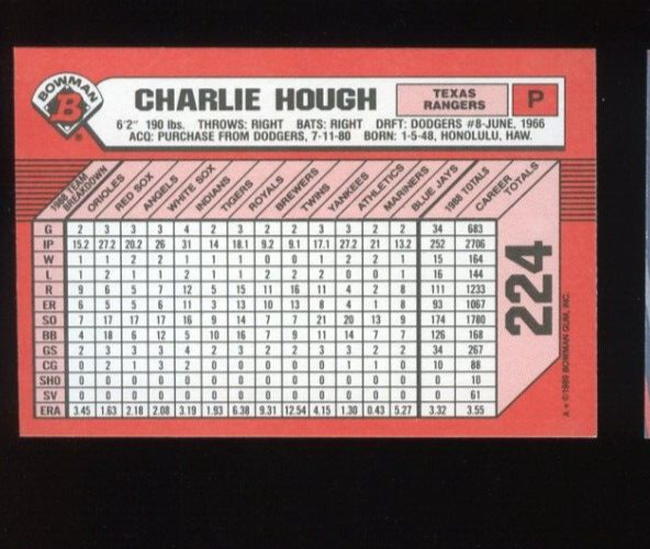 1989 BOWMAN TIFFANY #224 CHARLIE HOUGH TEXAS RANGERS | eBay